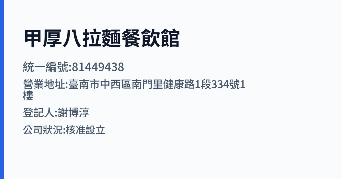 甲厚八拉麵餐飲館 - 統編 81449438(臺南市) 公司登記資料與營業項目詳細圖表