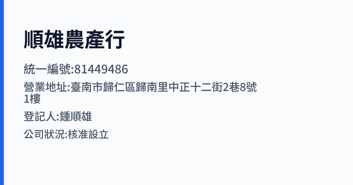 順雄農產行 - 統編 81449486(臺南市) 公司登記資料與營業項目詳細圖表
