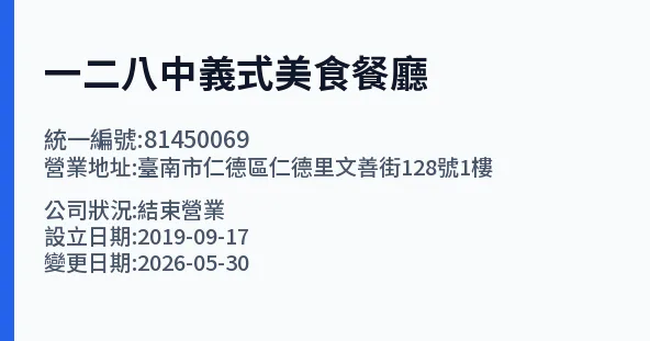 一二八中義式美食餐廳的照片-統編 81450069(臺南市) 公司登記資料與營業項目詳細圖表