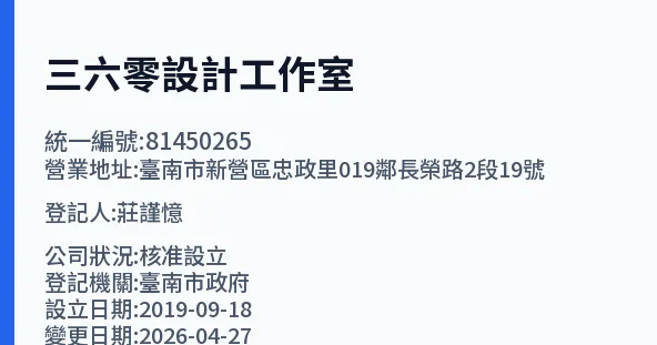 三六零設計工作室的照片-統編 81450265(臺南市) 公司登記資料與營業項目詳細圖表