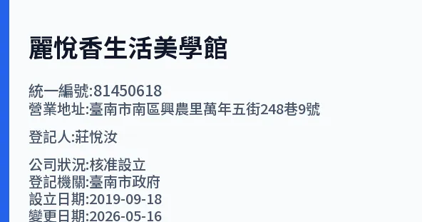 麗悅香生活美學館的照片-統編 81450618(臺南市) 公司登記資料與營業項目詳細圖表