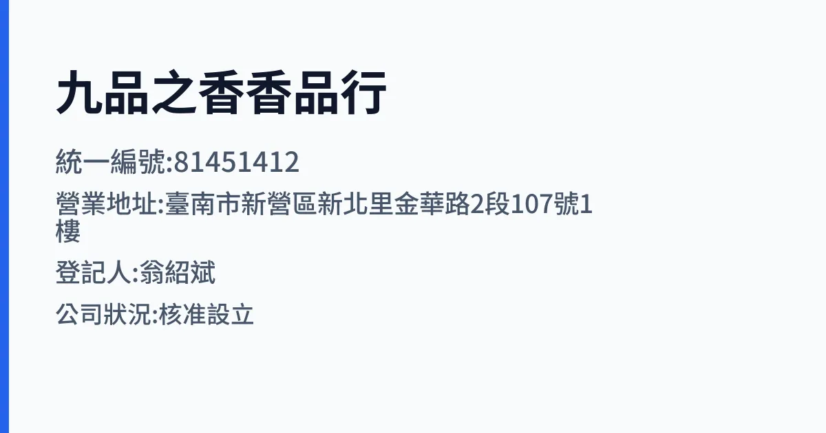 九品之香香品行 - 統編 81451412(臺南市) 公司登記資料與營業項目詳細圖表