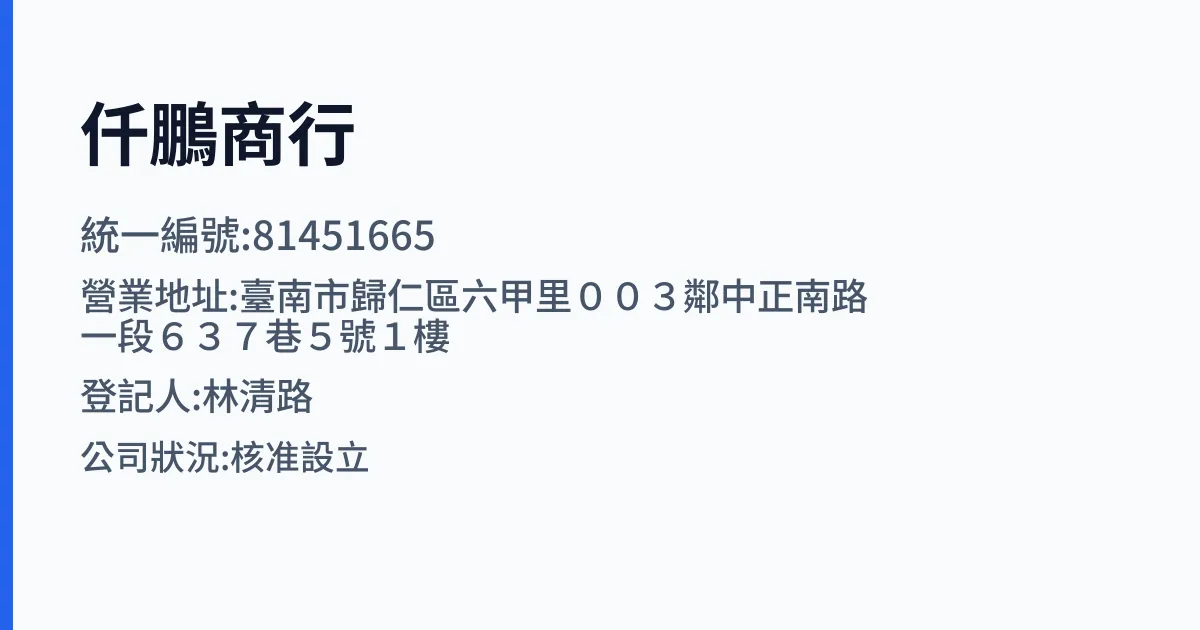 仟鵬商行 - 統編 81451665(臺南市) 公司登記資料與營業項目詳細圖表