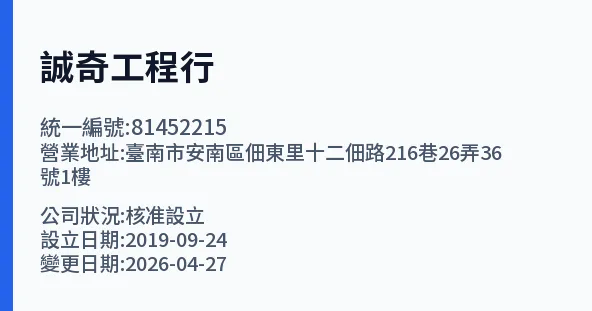 誠奇工程行的照片-統編 81452215(臺南市) 公司登記資料與營業項目詳細圖表