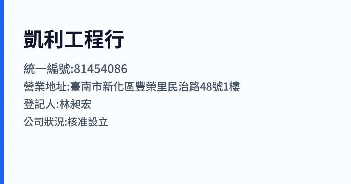 凱利工程行 - 統編 81454086(臺南市) 公司登記資料與營業項目詳細圖表