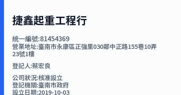 捷鑫起重工程行的照片-統編 81454369(臺南市) 公司登記資料與營業項目詳細圖表