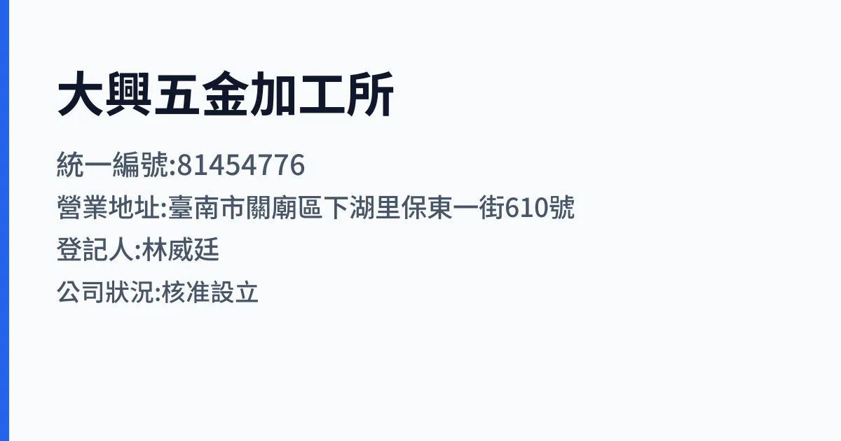 大興五金加工所 - 統編 81454776(臺南市) 公司登記資料與營業項目詳細圖表