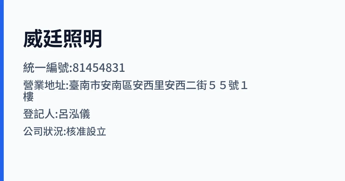 威廷照明 - 統編 81454831(臺南市) 公司登記資料與營業項目詳細圖表
