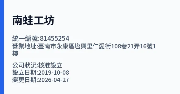 南蛙工坊的照片-統編 81455254(臺南市) 公司登記資料與營業項目詳細圖表