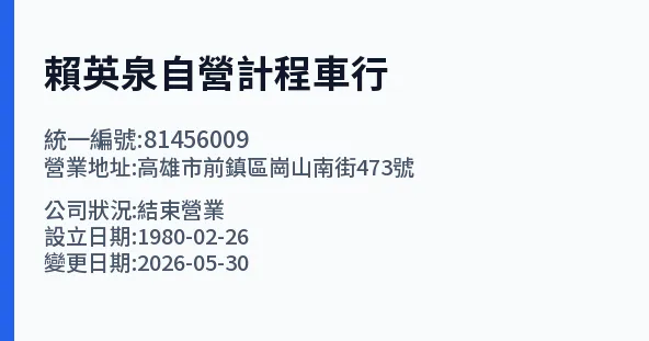賴英泉自營計程車行的照片-統編 81456009(高雄市) 公司登記資料與營業項目詳細圖表