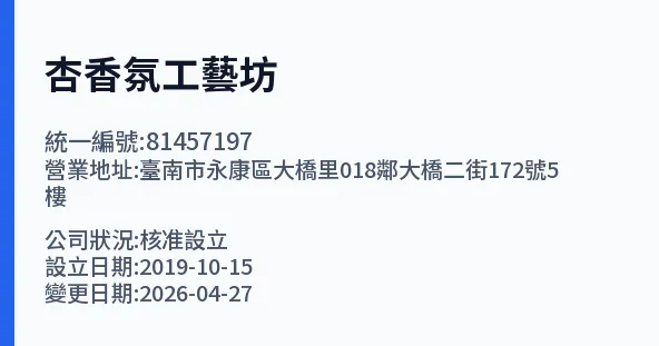 杏香氛工藝坊的照片-統編 81457197(臺南市) 公司登記資料與營業項目詳細圖表