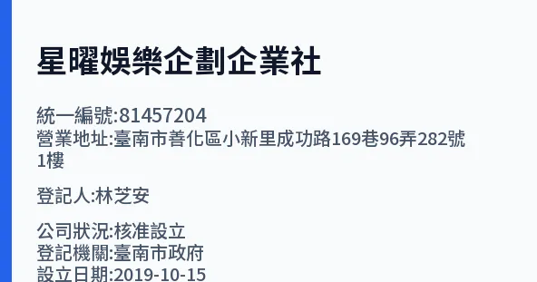 星曜娛樂企劃企業社的照片-統編 81457204(臺南市) 公司登記資料與營業項目詳細圖表