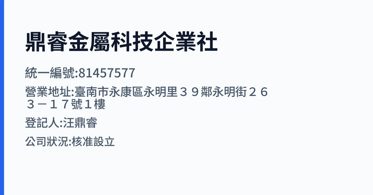 鼎睿金屬科技企業社 - 統編 81457577(臺南市) 公司登記資料與營業項目詳細圖表