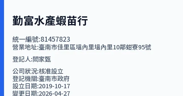 勤富水產蝦苗行的照片-統編 81457823(臺南市) 公司登記資料與營業項目詳細圖表