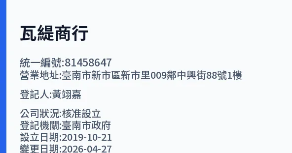瓦緹商行的照片-統編 81458647(臺南市) 公司登記資料與營業項目詳細圖表