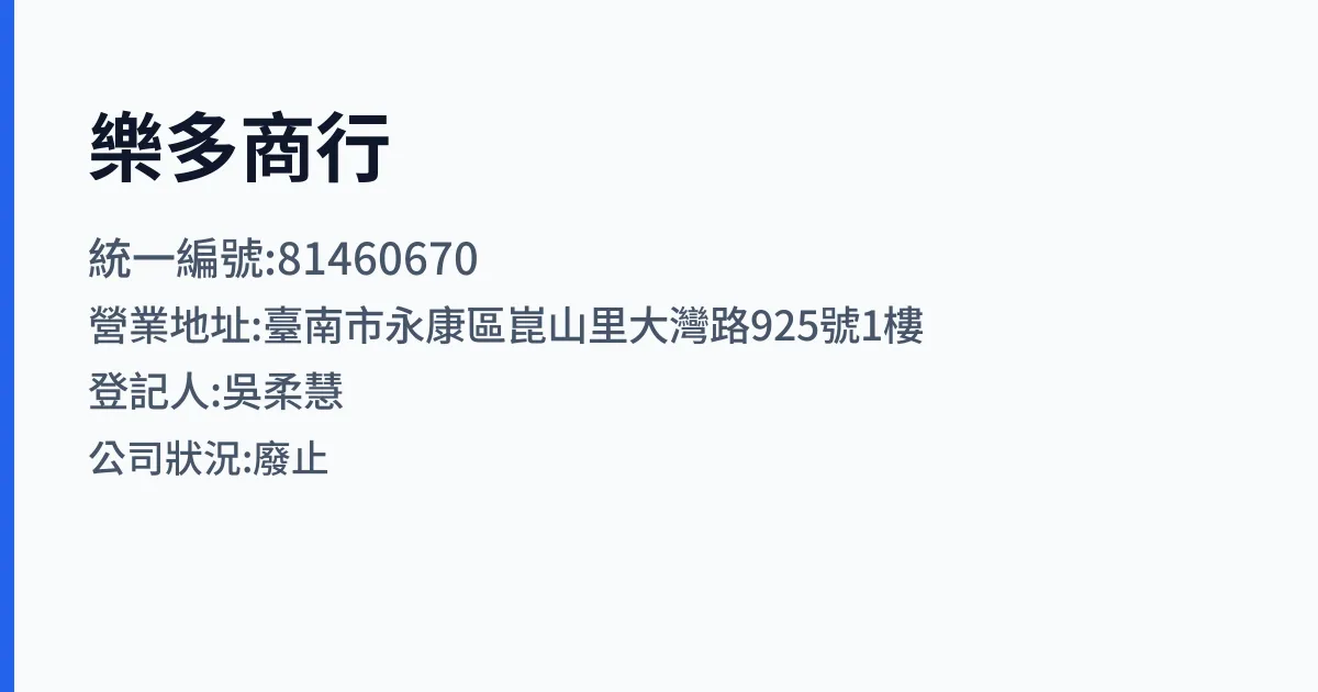 樂多商行 - 統編 81460670(臺南市) 公司登記資料與營業項目詳細圖表
