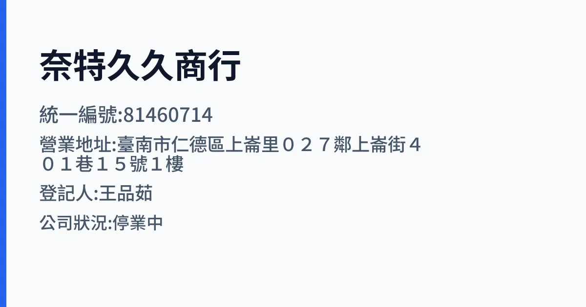 奈特久久商行 - 統編 81460714(臺南市) 公司登記資料與營業項目詳細圖表