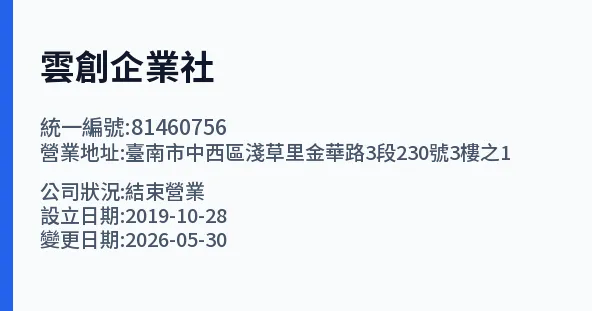 雲創企業社的照片-統編 81460756(臺南市) 公司登記資料與營業項目詳細圖表