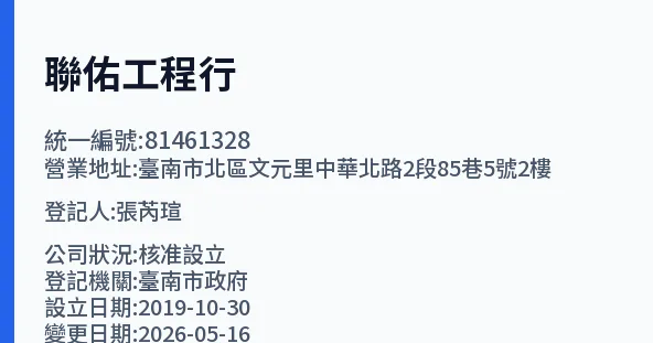 聯佑工程行的照片-統編 81461328(臺南市) 公司登記資料與營業項目詳細圖表