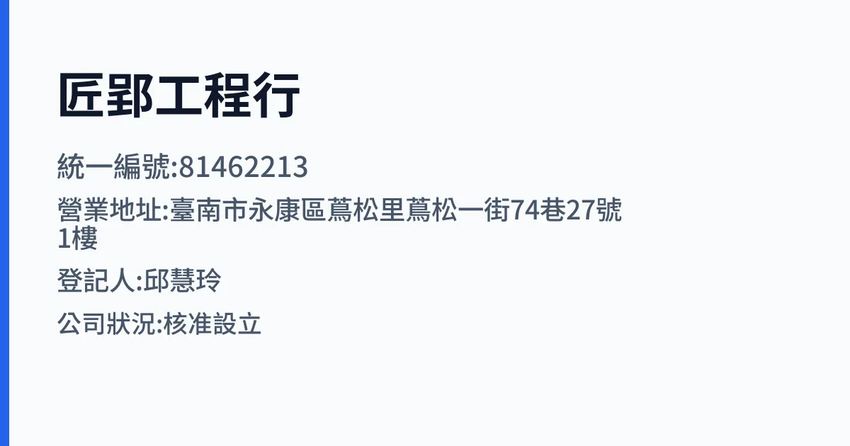 匠郢工程行 - 統編 81462213(臺南市) 公司登記資料與營業項目詳細圖表