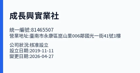 成長興實業社的照片-統編 81465507(臺南市) 公司登記資料與營業項目詳細圖表