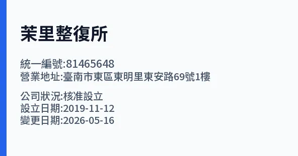 茉里整復所的照片-統編 81465648(臺南市) 公司登記資料與營業項目詳細圖表
