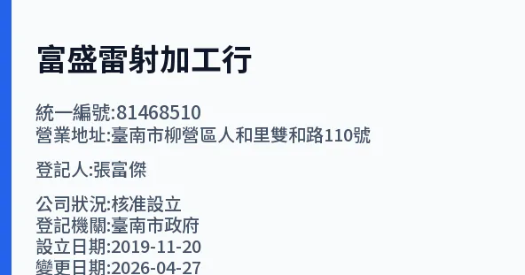富盛雷射加工行的照片-統編 81468510(臺南市) 公司登記資料與營業項目詳細圖表