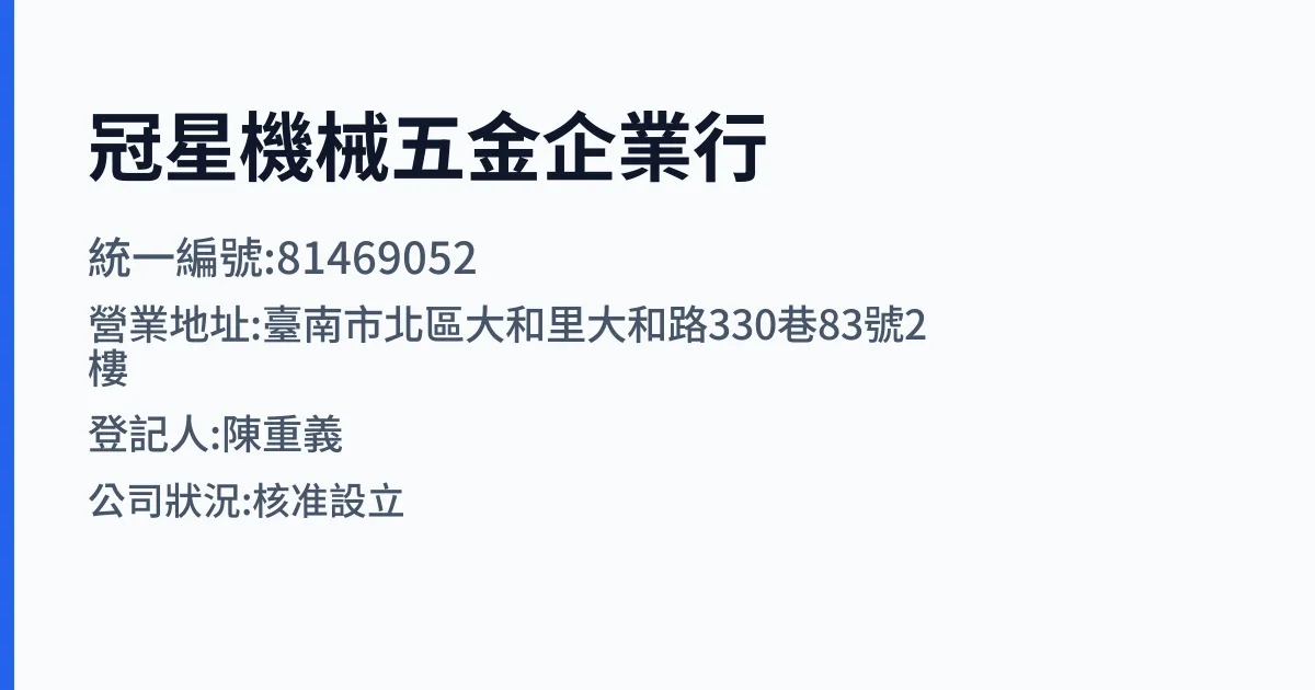 冠星機械五金企業行 - 統編 81469052(臺南市) 公司登記資料與營業項目詳細圖表