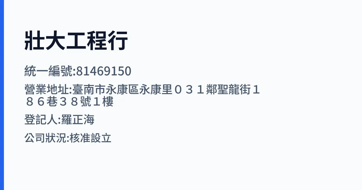壯大工程行 - 統編 81469150(臺南市) 公司登記資料與營業項目詳細圖表