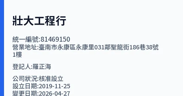 壯大工程行的照片-統編 81469150(臺南市) 公司登記資料與營業項目詳細圖表