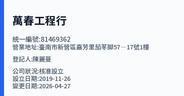 萬春工程行的照片-統編 81469362(臺南市) 公司登記資料與營業項目詳細圖表
