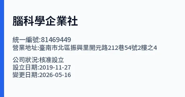 腦科學企業社的照片-統編 81469449(臺南市) 公司登記資料與營業項目詳細圖表