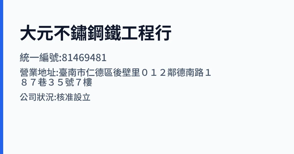 大元不鏽鋼鐵工程行 - 統編 81469481(臺南市) 公司登記資料與營業項目詳細圖表
