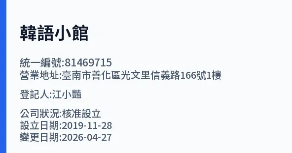 韓語小館的照片-統編 81469715(臺南市) 公司登記資料與營業項目詳細圖表