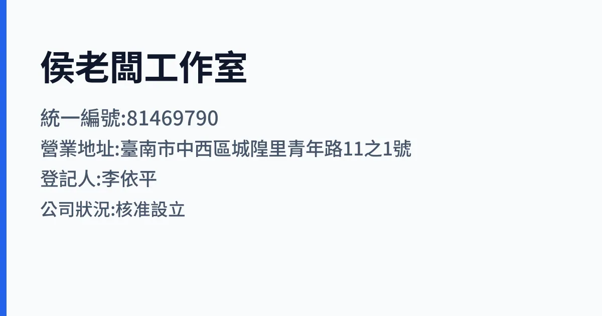侯老闆工作室 - 統編 81469790(臺南市) 公司登記資料與營業項目詳細圖表
