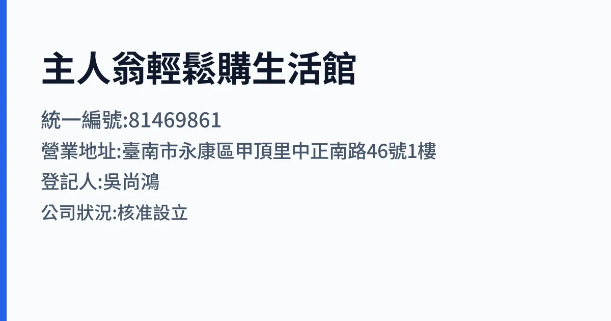 主人翁輕鬆購生活館 - 統編 81469861(臺南市) 公司登記資料與營業項目詳細圖表