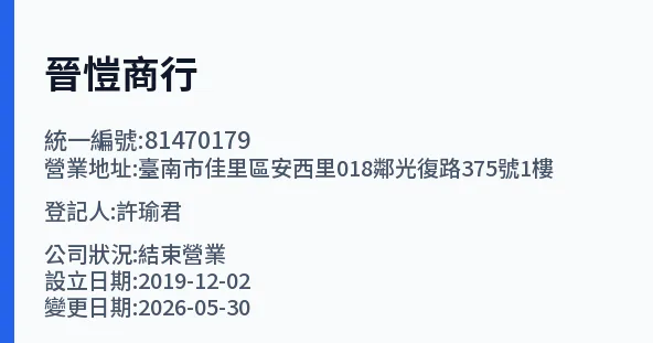 晉愷商行的照片-統編 81470179(臺南市) 公司登記資料與營業項目詳細圖表