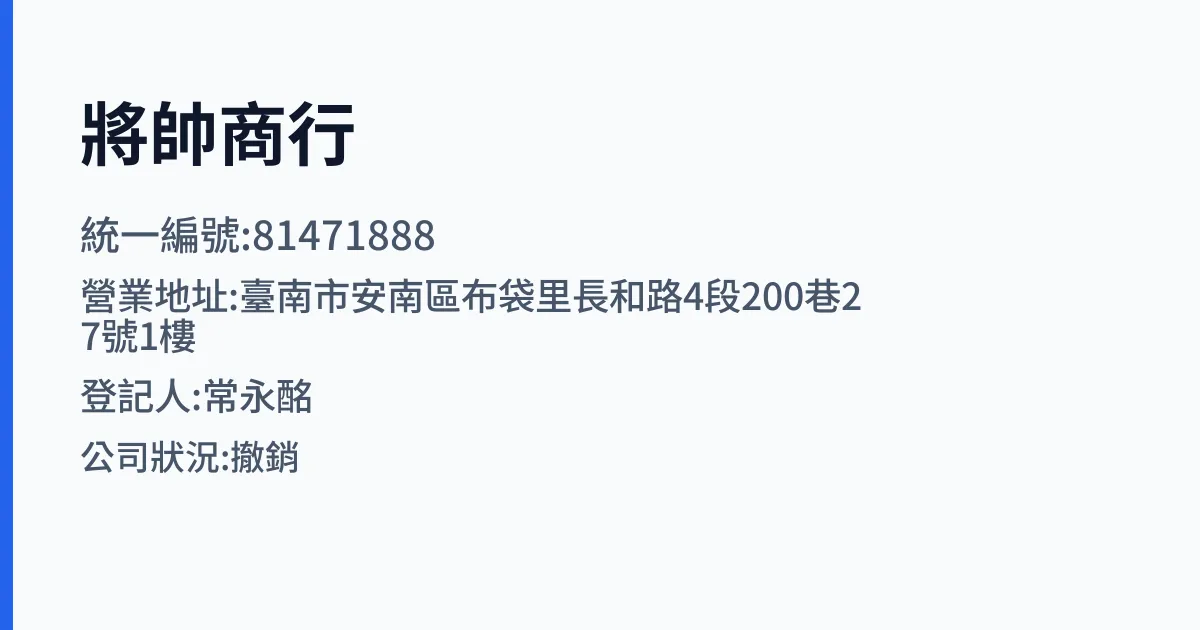 將帥商行 - 統編 81471888(臺南市) 公司登記資料與營業項目詳細圖表