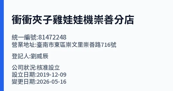 衝衝夾子雞娃娃機崇善分店的照片-統編 81472248(臺南市) 公司登記資料與營業項目詳細圖表