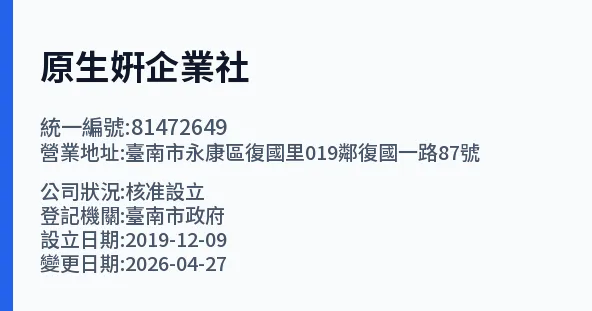 原生姸企業社的照片-統編 81472649(臺南市) 公司登記資料與營業項目詳細圖表