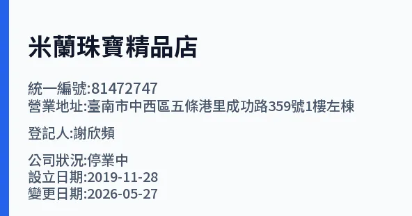 米蘭珠寶精品店的照片-統編 81472747(臺南市) 公司登記資料與營業項目詳細圖表