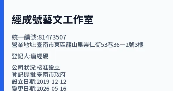 經成號藝文工作室的照片-統編 81473507(臺南市) 公司登記資料與營業項目詳細圖表