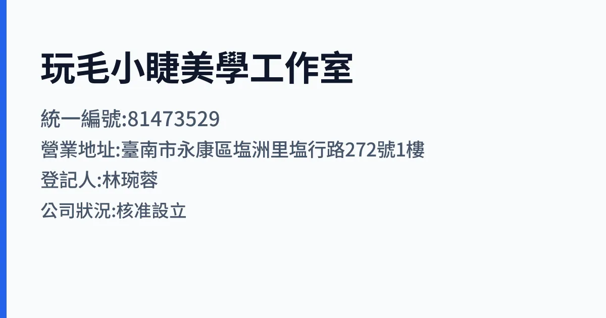 玩毛小睫美學工作室 - 統編 81473529(臺南市) 公司登記資料與營業項目詳細圖表