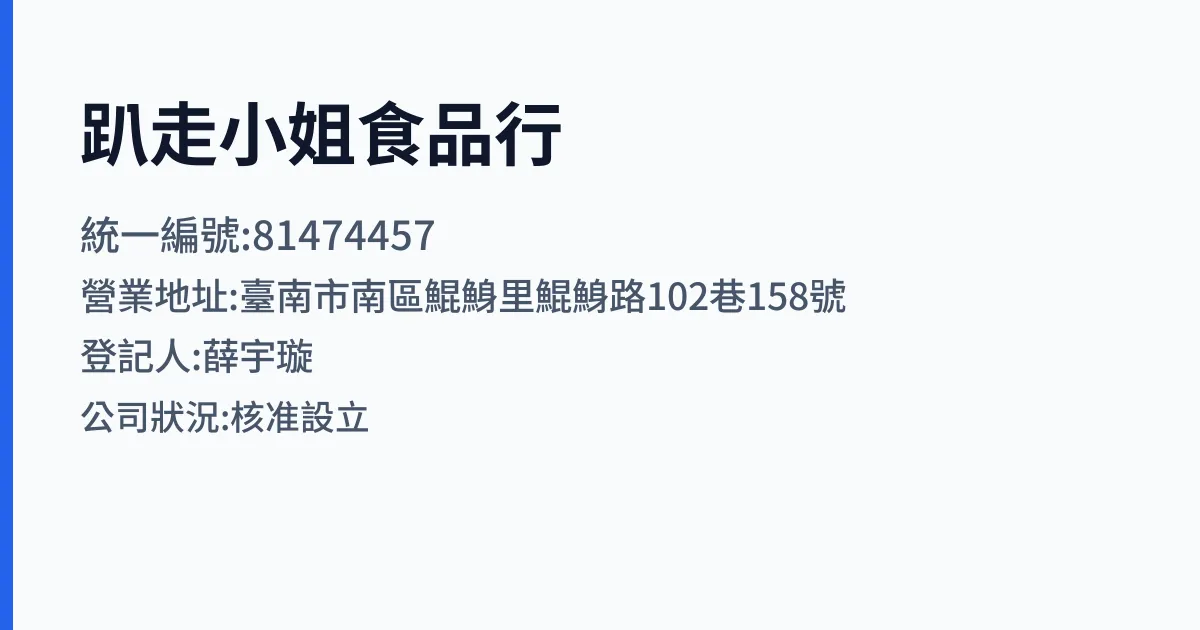 趴走小姐食品行 - 統編 81474457(臺南市) 公司登記資料與營業項目詳細圖表