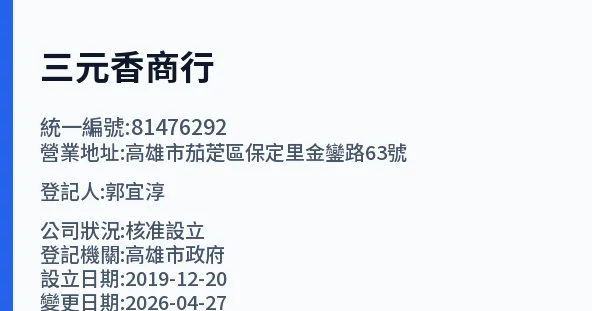 三元香商行的照片-統編 81476292(高雄市) 公司登記資料與營業項目詳細圖表