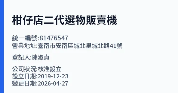 柑仔店二代選物販賣機的照片-統編 81476547(臺南市) 公司登記資料與營業項目詳細圖表