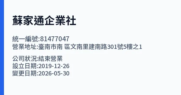 蘇家通企業社的照片-統編 81477047(臺南市) 公司登記資料與營業項目詳細圖表