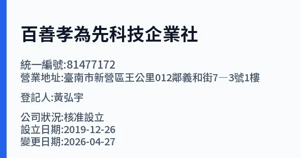 百善孝為先科技企業社的照片-統編 81477172(臺南市) 公司登記資料與營業項目詳細圖表