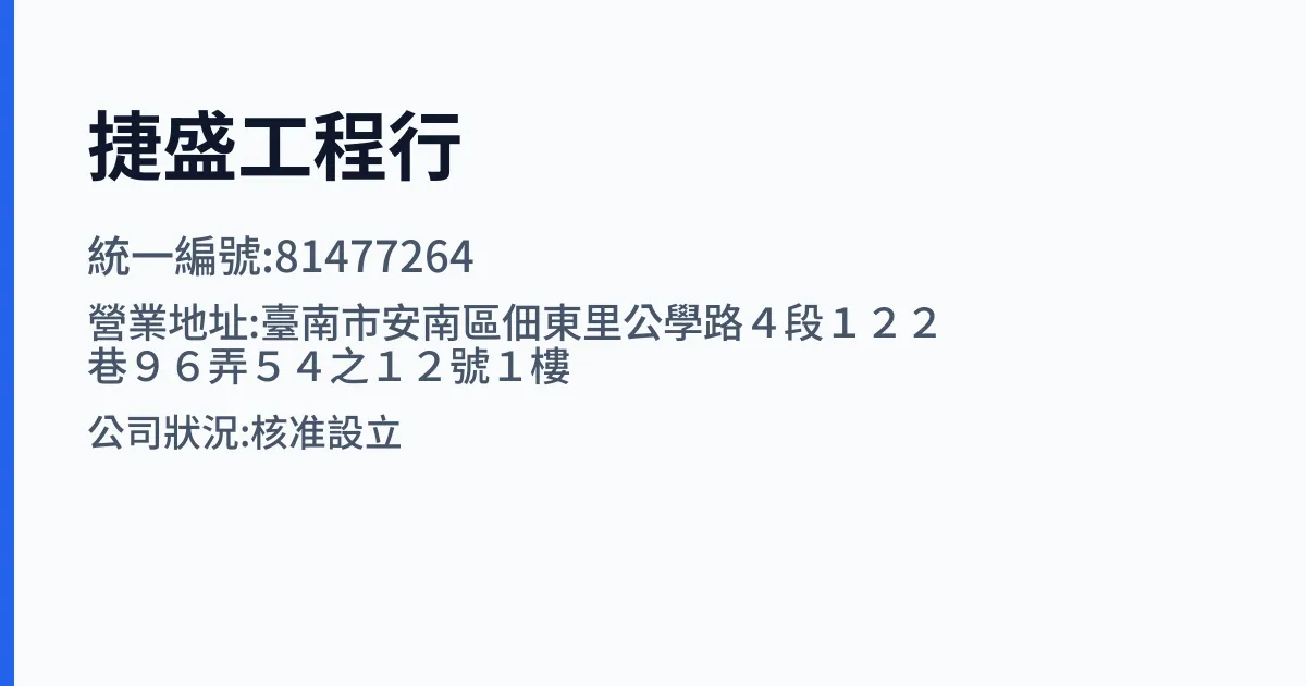 捷盛工程行 - 統編 81477264(臺南市) 公司登記資料與營業項目詳細圖表