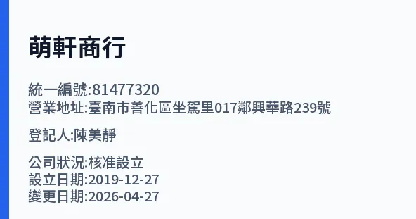 萌軒商行的照片-統編 81477320(臺南市) 公司登記資料與營業項目詳細圖表